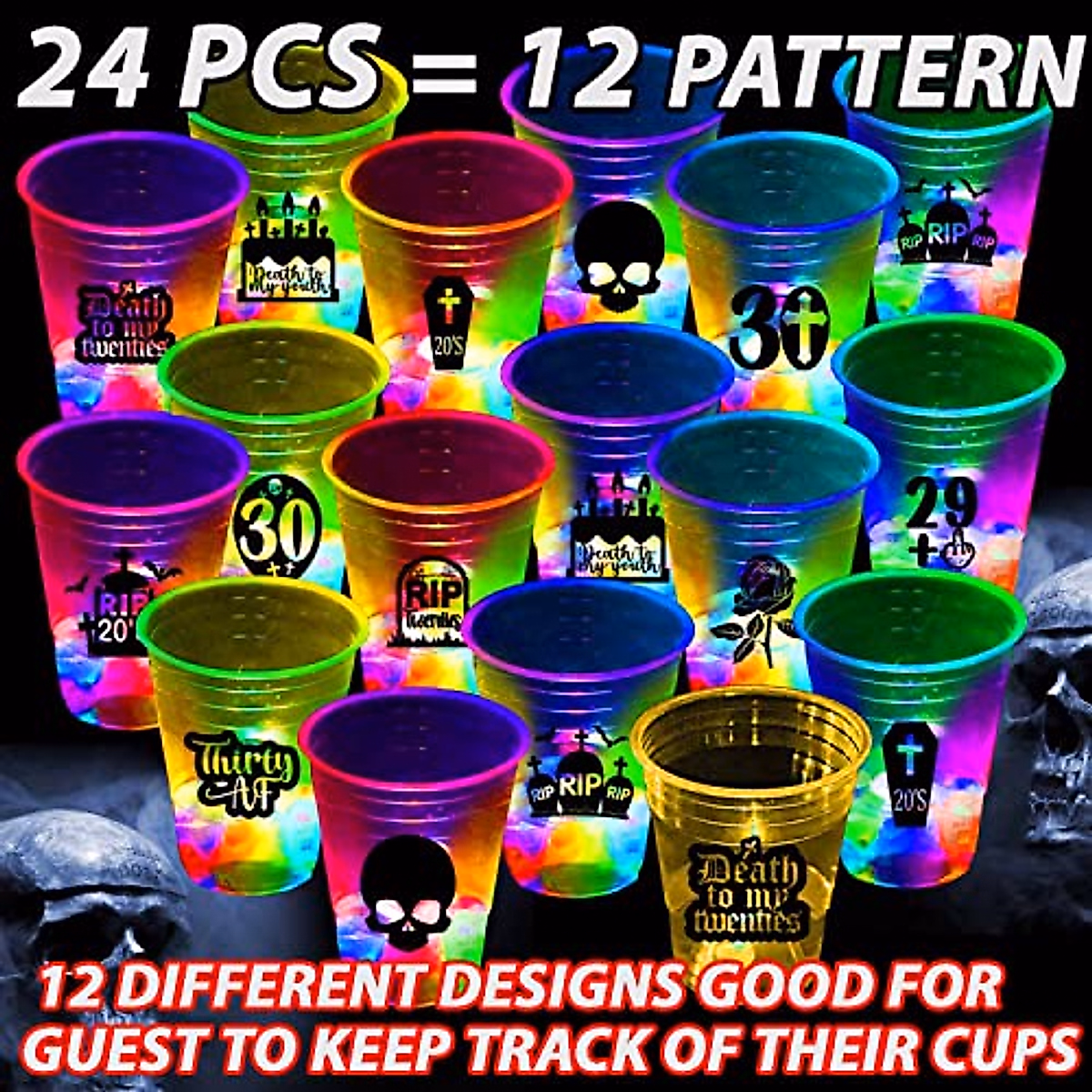 mishunyus 24 Pcs Glow 30th Birthday Decorations,Death to My 20s Party Cups,RIP to My 20s Birthday Decorations for Funny 30th Birthday Party Supplies，RIP Twenties Birthday Cups(16 oz)