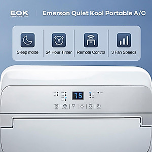 Emerson Quiet Kool 14000 BTU ASHRAE/10000 BTU DOE 115V Portable Air Conditioner with Dehumidifier and Remote Control, AC for Apartment, Bedroom, Medium/Large Rooms up to 550 Sq. Ft. in White