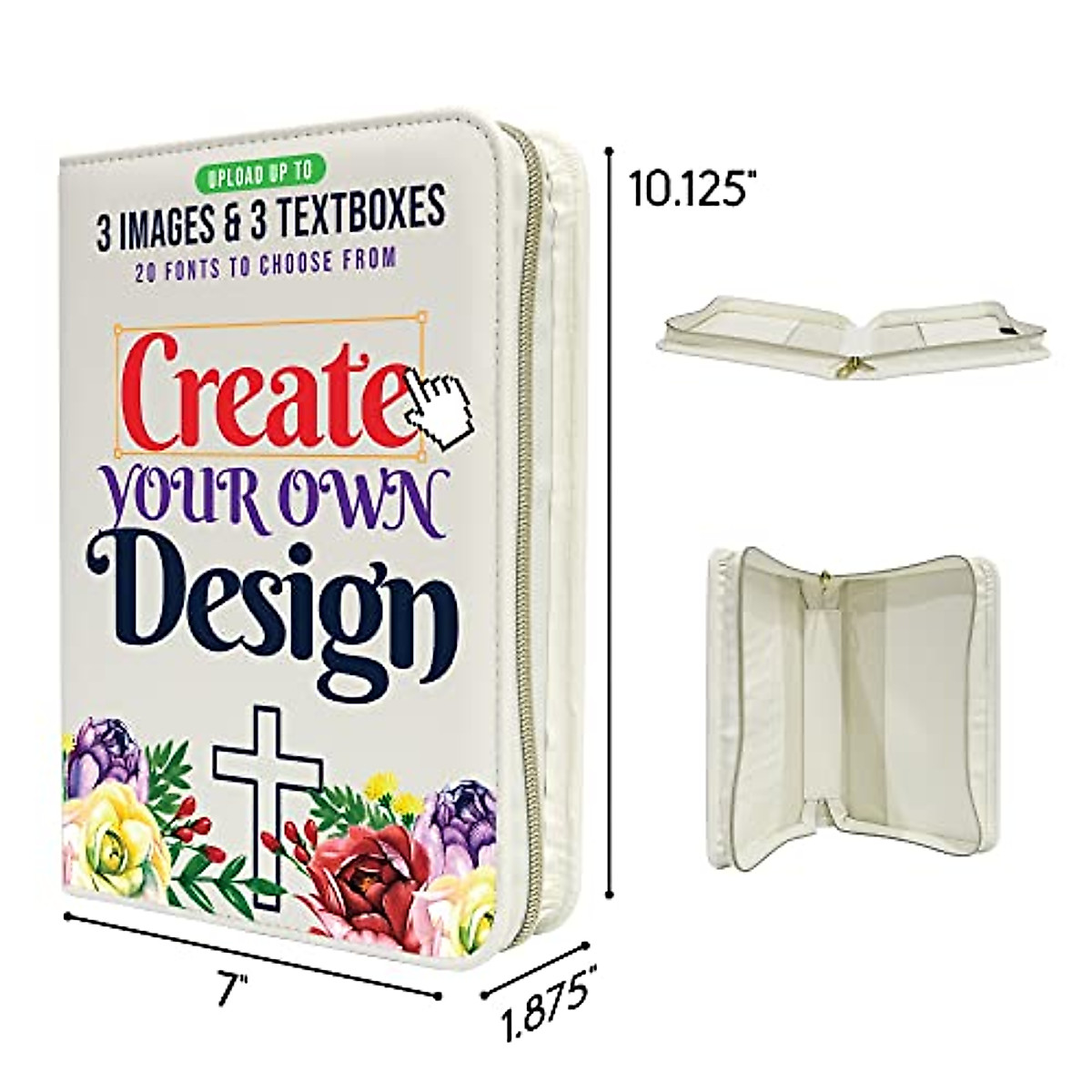 10x7 Inch Personalized Bible Cover – Create Your Own Design, Custom Bible Cover and Carrying Case with Handle – Leatherette Book Covers and Bible Case for Women - White (Freeform)