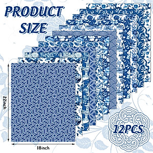 JarThenaAMCS 12Pcs Blue Chinoiserie Cotton Fabric Bundles 18 x 22 Inch White Blue China Fat Quarters Oriental Sewing Fabrics for DIY Craft Party Decor