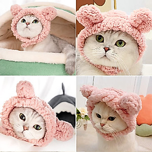 JOICEE Cute Cat Costume Warm Bear Hat for Cat Adjustable Soft Small Pet Headwear Bear Hat for Cat Puppy Dog (Pink)