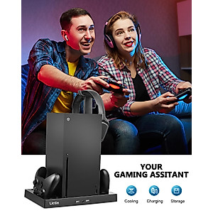 Lictin Cooling Fan Charging Station for Xbox Series X Console & Controller, Upgraded 4 Cooler Fan System Stand, Vertical Dual Charger Station Dock Accessories with 2 x 1400mAh Rechargeable Battery