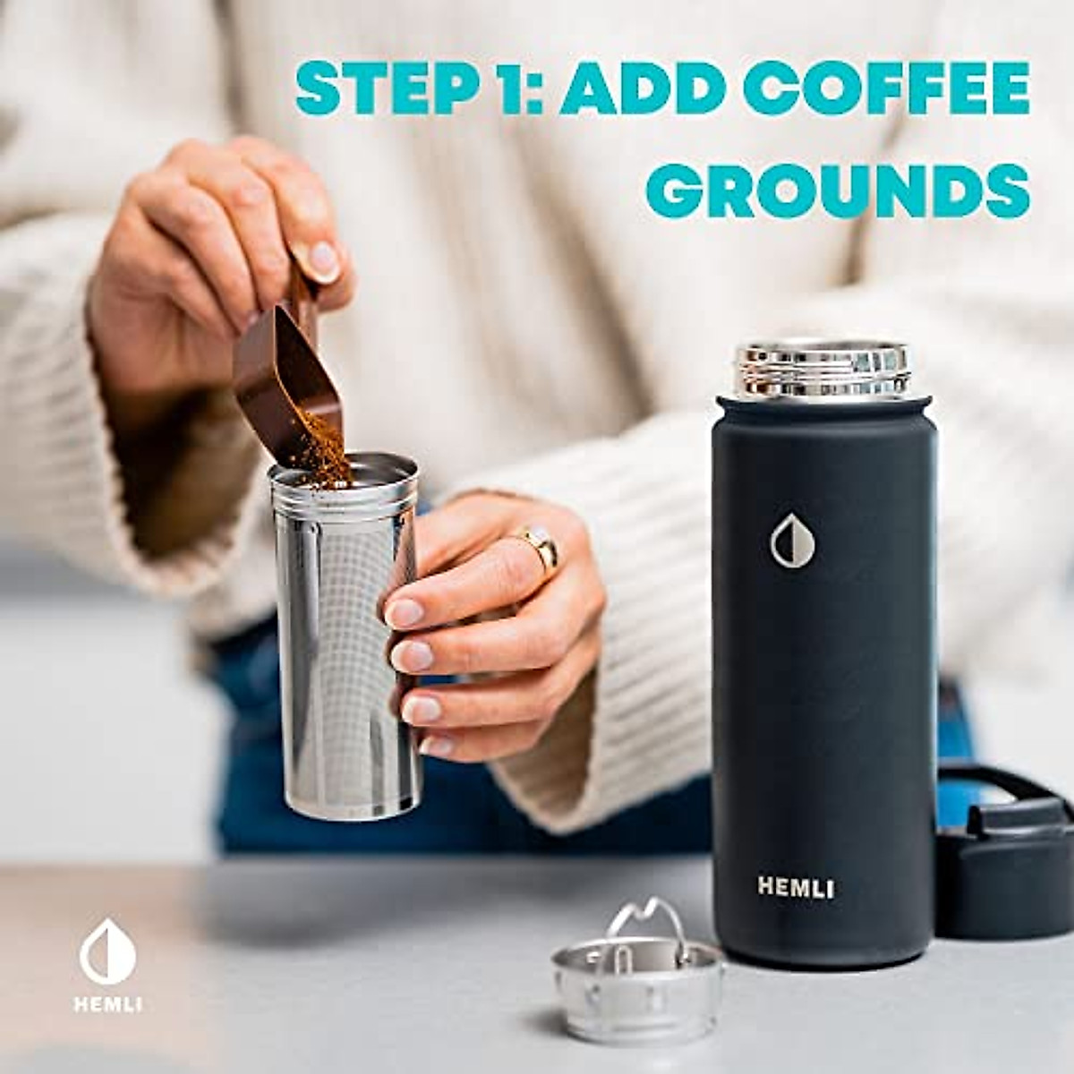 Hemli Cold Brew Bottle Coffee Maker, 18 oz Insulated Portable Cold Brew Cup To-Go Coffee Tumbler, Cold Brew Travel Mug with Stainless Steel Filter, Leakproof, Airtight, Rustproof