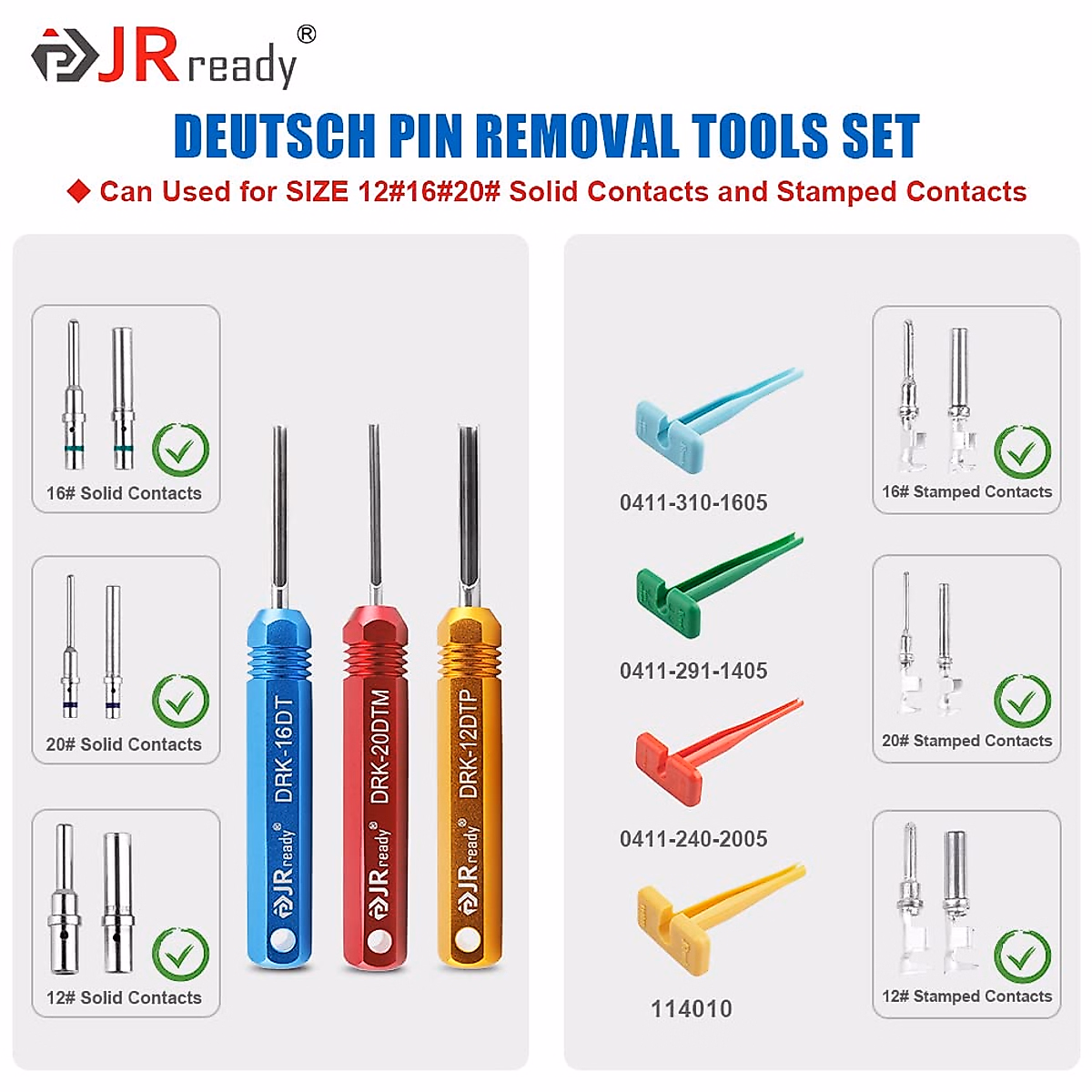 JRready ST5236 Deutsch Pin Extractor Tool for 16#12#20# Solid/Stamped Contacts 10-22 AWG, Terminal Removal Tool Kit with Steel DRK-RT1 for Deutsch DT,DTM,DTP Series Connector 13PCS