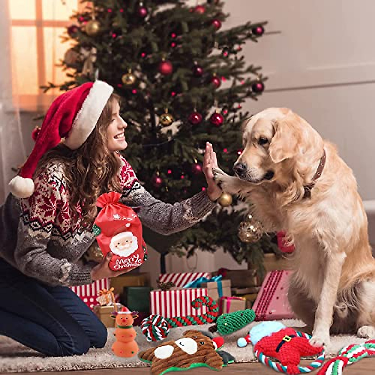 Lobeve Christmas Dog Toys Pack for Puppies,7 Pack Holiday Puppy Toys for Small Dogs,Puppy Chew Toys with Cute Squeaky Toys,Xmas Dog Flying Discs,Treat Ball and More Rope Toys
