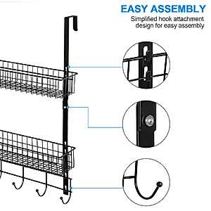 NEX Over The Door Hooks Organizer Hanger, Coat Hooks Towel Rack with 2 Mesh Basket 5 Hooks Hanging Storage Spice Rack Rustproof for Bathroom Bedroom Kitchen Back of Door Storage Shelves, Black