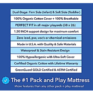 Organic Dream Pack and Play Mattress I [Dual-Sided] I Firm Infant Side + Memory Foam Toddler Side I Plush 100% Organic Cover I Fits Most Pack N Play Playpens and Playards