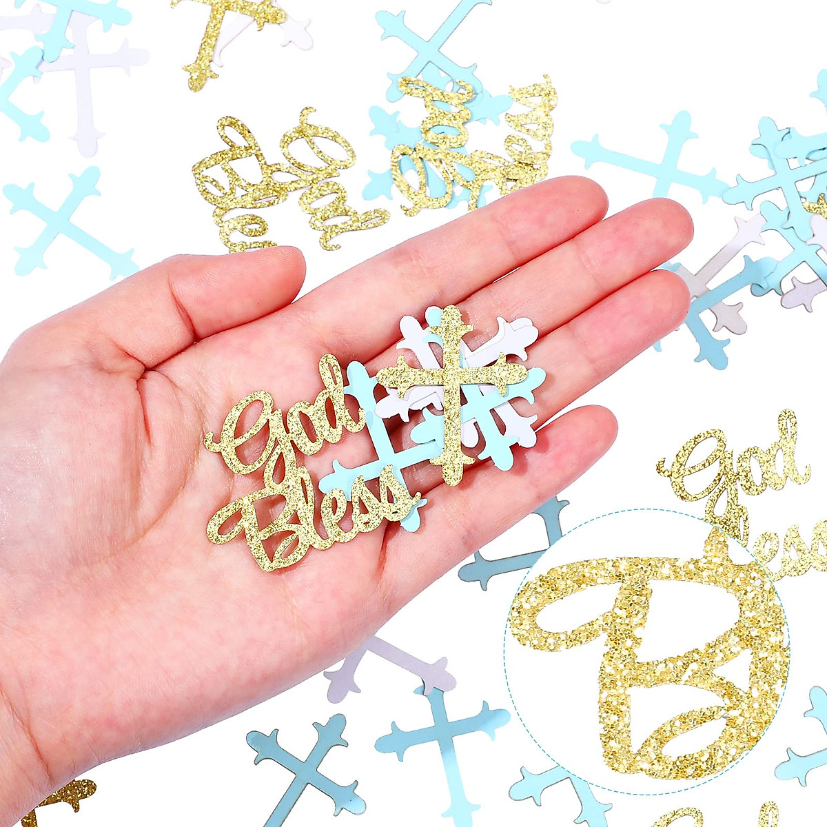 Marspark 300 Pcs Baptism Confetti Glitter Cross God Bless Table Confetti Cross Decorations for Baptism First Communion Baby Shower Birthday Gender Reveal Party Supplies(Blue, Gold, White)
