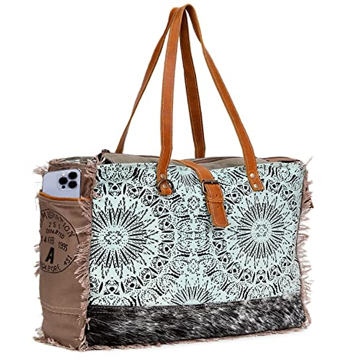 CLA Large Canvas Bag, Multicolor, Cowhide Hair On Leather With Upcycle Canvas Handbag for Women