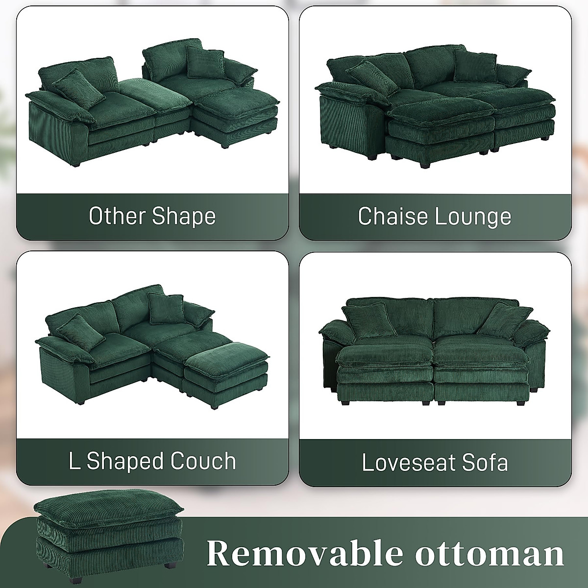 ONEMMLION 84.6" Modular Sectional Sofa Oversized Loveseat, Modern Upholstered Cloud Couch with 2 Ottoman, Comfy Corduroy Deep Seat Sleeper Sofa for Living Room, Small Space, Green