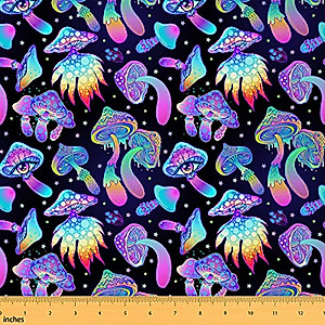 Mushroom Upholstery Fabric,Kawaii Trippy Botanical Fabric by The Yard Psychedelic Plant Indoor Outdoor Fabric for Kids Girls Teens Women Cartoon Cute Mushroom Fabric, DIY,Black 1 Yard