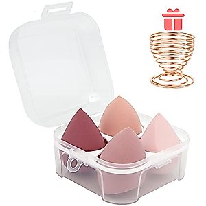 5 Pcs Makeup Sponges Blender Set - 4 Pcs Professional Beauty Sponge Foundation Blending Blender with 1 Sponge Holder and Egg Case, Flawless for Cream, Powder and Liquid (Pink)