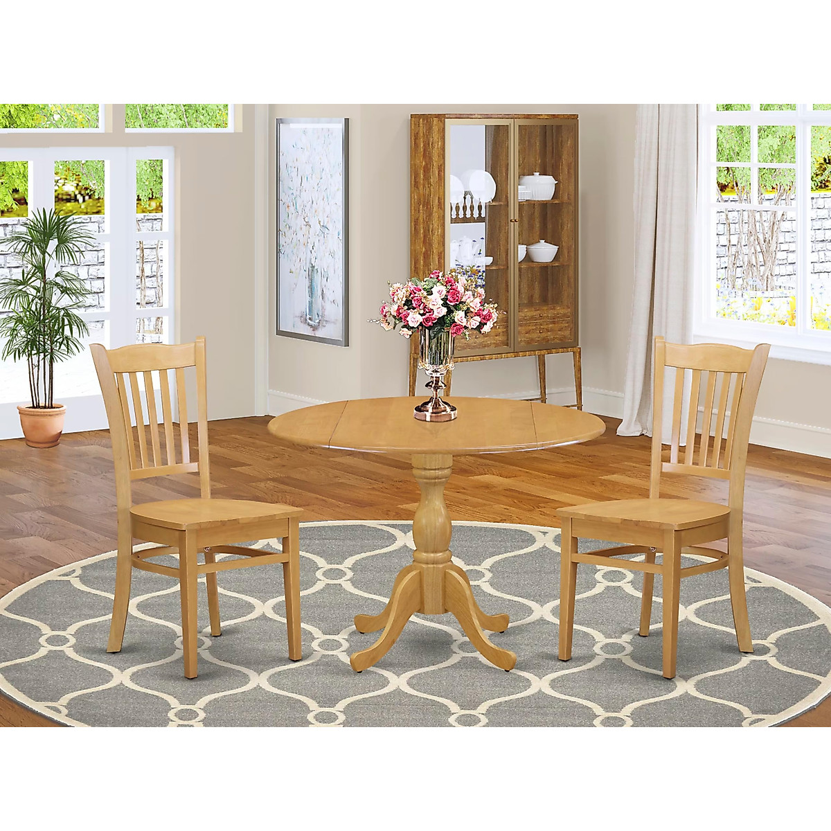 East West Furniture DMGR3-OAK-W 3 Piece Modern Dining Table Set Contains a Round Wooden Table with Dropleaf and 2 Kitchen Dining Chairs, 42x42 Inch, Oak