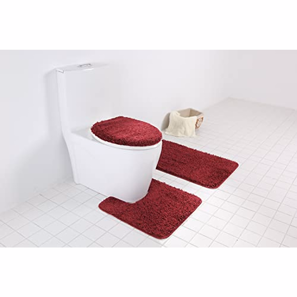 Daniel's Bath 3 PC Brick 3 Piece Bath Set with 20'' x 31'' Bath Mat, 20'' x 20'' Contour Mat & 18'' x 18.5'' Lid, Burgundy