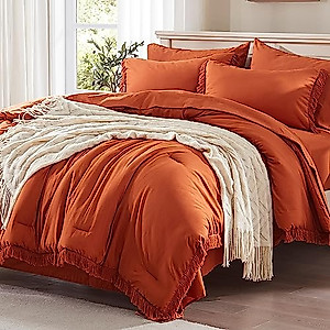 Anluoer Queen Comforter Set, Burnt Orange Boho Bed in a Bag 7 Pieces with Comforter and Sheets, All Season Bedding Sets with 1 Comforter, 2 PillowShams, 2 Pillowcases, 1 Flat Sheet, 1 Fitted Sheet