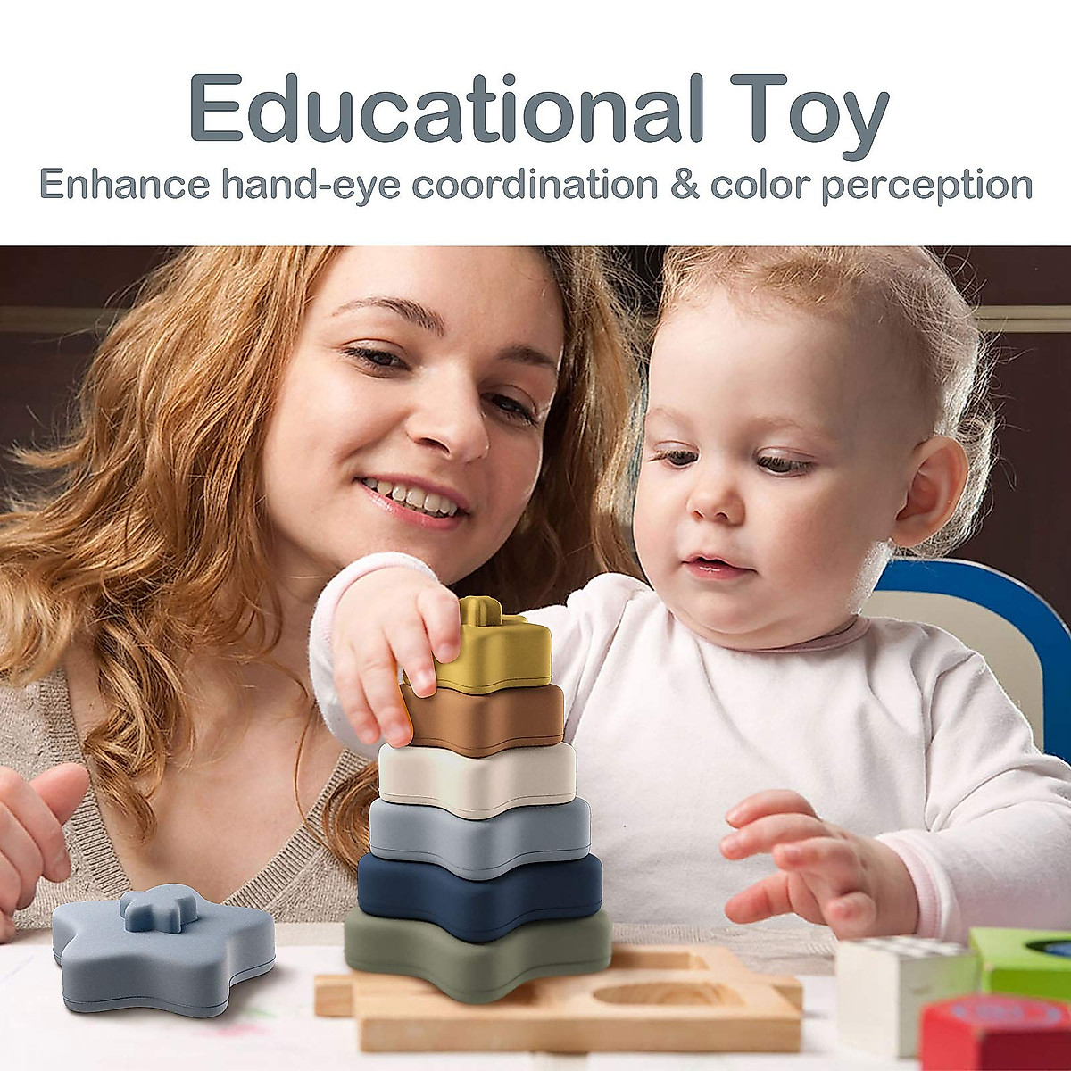 TYRY.HU Baby Stacking Toys - Silicone Rings - Teething Teether Toys - Building Blocks Tower for Boys Girls 6+ Months Early Educational Learning, Set of 6 PCS, Star Shape