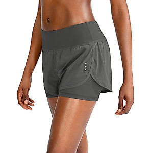 Women's 2 in 1 Running Shorts High Waisted Spandex Shorts Gym Yoga Workout Athletic Shorts for Women with Zipper Pockets(Army Green, XXS)