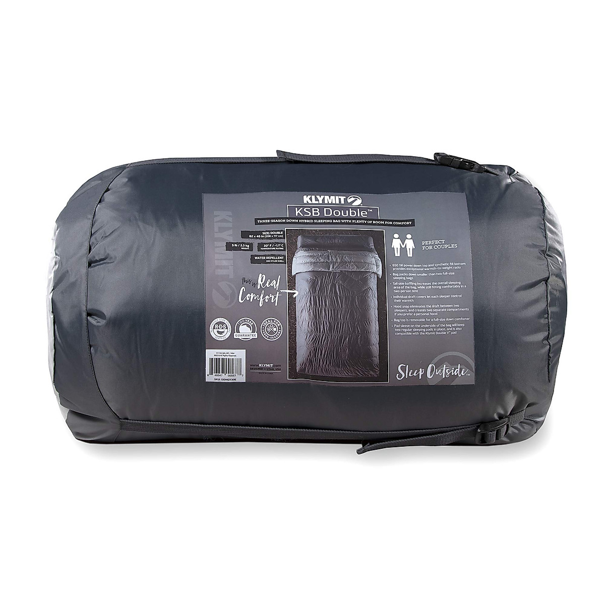 Klymit KSB Double Sleeping Bag For 2, 30°F Cold Weather Sleeping Bag for Camping, Hiking, and Backpacking, Gray