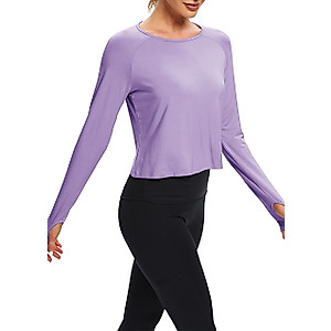 Bestisun Women Athletic Workout Dry Fit Long Sleeve Open Back Workout Shirts Yoga Top Gym Shirt Cropped Sweaters Light Purple M