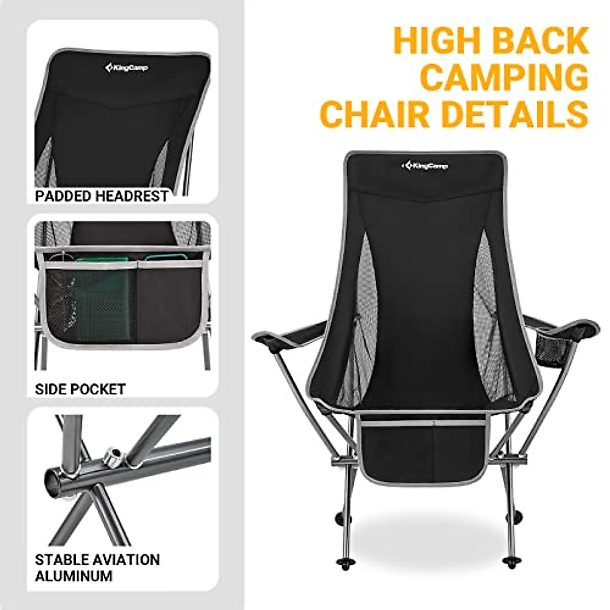 KingCamp Ultralight High Back Folding Camping Chairs Adults with Armrest, Upgrade All-Aluminum Alloy Bracket, Lightweight Camping Chair Camp Compact Portable Outdoors with Carry Bag