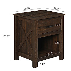 Vikiullf Farmhouse Nightstand-Wooden,Night Stand for bedroom,Bedside Table with 1 Drawer for Bedroom, Open Cabinet & Sliding Drawer, Espresso 1-Drawer (2 Pieces)