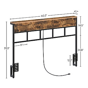 YATINEY Queen Size Headboard Only, Headboard for Queen Size Bed with Storage, Industrial Wooden Headboard with Outlet, USB and Type C Port, Adjustable Height, Sturdy and Stable, Rustic Brown and Black
