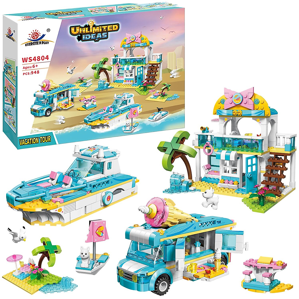 Friends Vacation Tour Building Kit Featuring Beach House, City Ice-Cream Truck, Yacht and Animal Toys, Creative Building Blocks Roleplay Christmas Birthday Gifts for Kids Girls Aged 6-12 (948 Pieces)