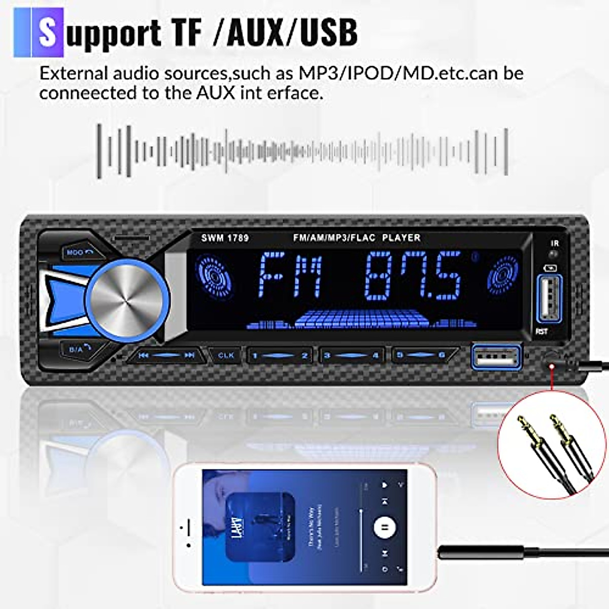Single Din Car Stereo Receiver Support Bluetooth Hands Free Calling & Music Streaming with LCD Screen AM/FM Radio Receiver TF/AUX/USB Playback & Charging Remote Assist Control MP3 Player Head Unit
