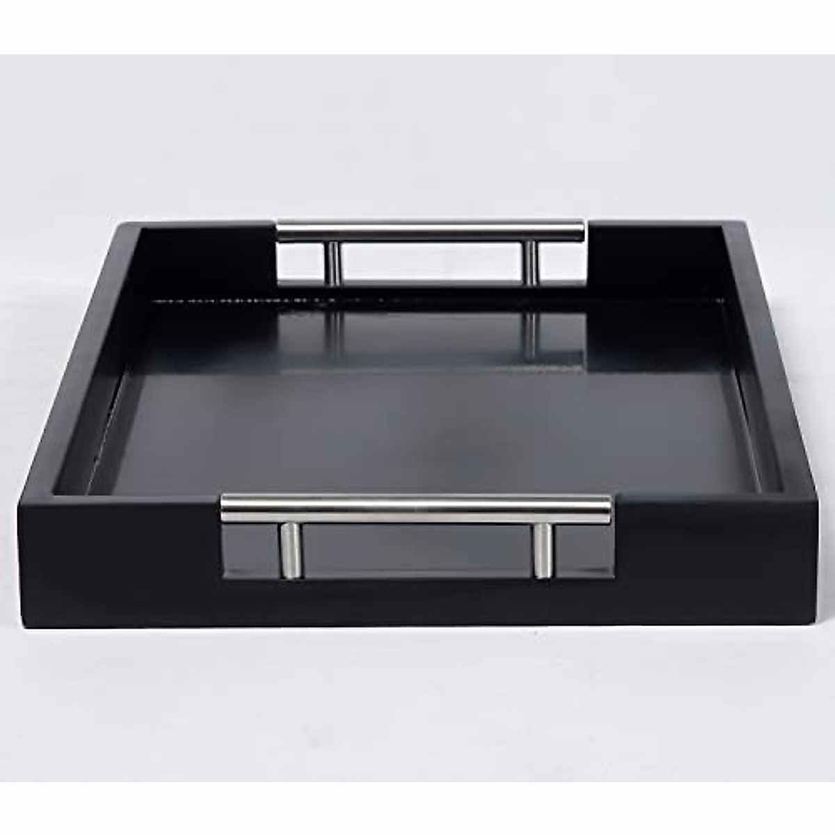 Serving Tray with Polished Metal Handles, 16.5''x12'' Rectangle Coffee Table Tray, Modern Decorative Tray, Large Ottoman Tray, Perfect for Storage and Display (Black)
