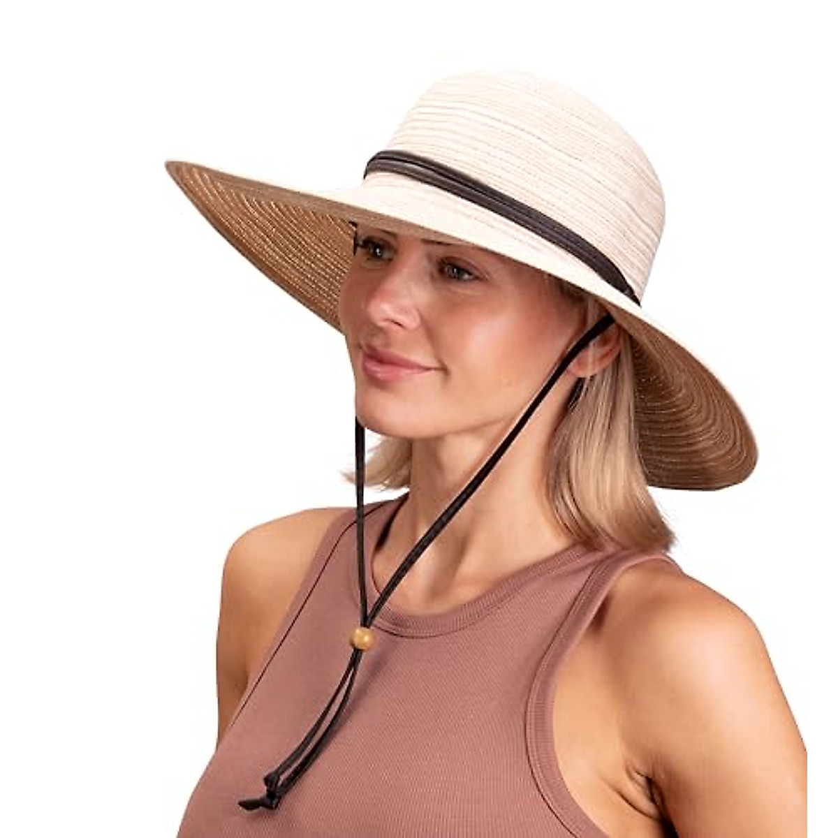 Sloggers Women's Wide Brim Braided Sun Hat with Wind Lanyard - UPF 50+ Maximum Sun Protection Stone