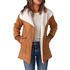 Dokotoo Womens Winter Warm Long Sleeve Open Front Fleece Jacket Stand Collar Sherpa Lined Outerwear Fashion Thicken Faux Suede Coats Jackets for Women 2024,XL,Khaki