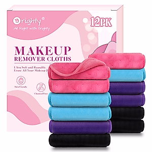 Orighty Makeup Remover Cloths 12 Pack, Reusable Microfiber Facial Cleansing Cloths, Remove Instantly Dirt, Makeup&Waterproof Mascara with Just Water, 15.5 x 7.5 in, Blue/Purple/Black/Pink