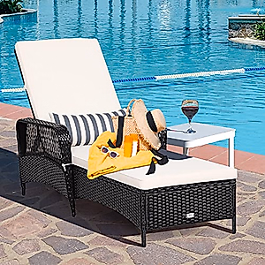 Tangkula Patio Wicker Chaise Lounge Chair, Outdoor Rattan Reclining Chaise w/ 6-Gear Adjustable Backrest, Thick Padded Cushion & Removable Lumbar Pillow, Ideal for Lawn, Beach, Balcony (Black)