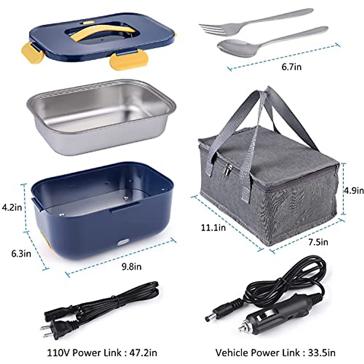 Electric Lunch Box Food Heater Portable Food Warmer for Car/Truck/Home, 2L Heated Lunch Box for Adults, Lunch Heating Microwave Removable Stainless Steel Container 12V 24V 110V 70W(Navy Blue)