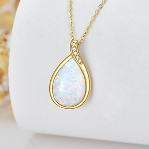YDD 14k Solid Gold White Opal Necklace for Women Dainty Pear-Shape Teardrop Pendant Opal with Genuine Diamond Necklace Opal Gemstone October Birthstone Opal Jewelry Gifts for Her 16"-18"
