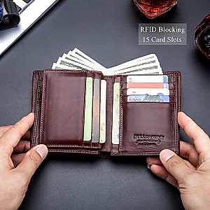 BULLCAPTAIN Large Capacity Genuine Leather Bifold Wallet/Credit Card Holder for Men with 15 Card Slots QB-027 (Brown)