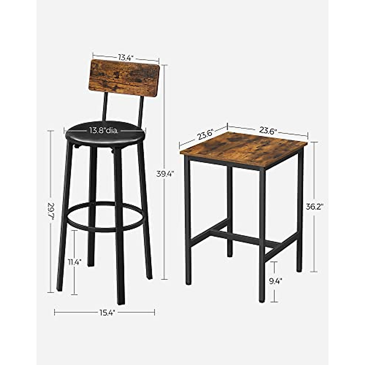 VASAGLE Bar Stools and Bar Table Bundle, Set of 2 PU Upholstered Bar Chairs, Square Tall Dining Table, Industrial, for Dining Room Kitchen Counter Bar, Rustic Brown and Black ULBC069B81 and ULBT25X