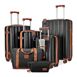 imiomo Luggage Sets 4 Piece Expandable Luggage Set, Hardside Carry on Suitcase with USB Port Cup Holder, Travel Luggage Suitcase with Spinner Wheels TSA Lock, Black Brown