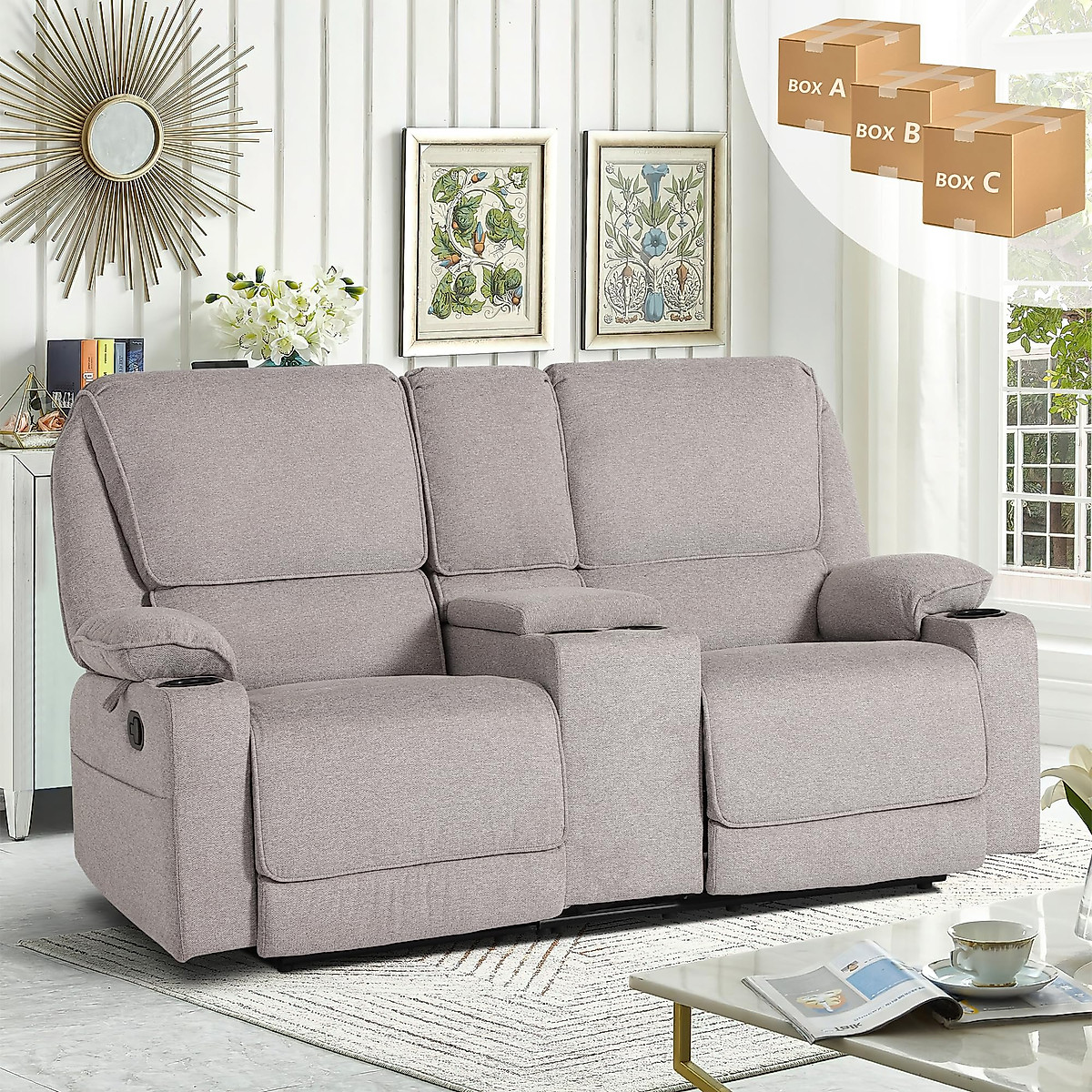 YOCONYO Loveseat Recliner, RV Reclining Loveseat, Home Theater Seating, Manual Loveseat with Console, 4 Cup Holders, 2-Seater Recliner Sofa, RV Furniture for Travel Trailers, Livingroom (Light Grey)