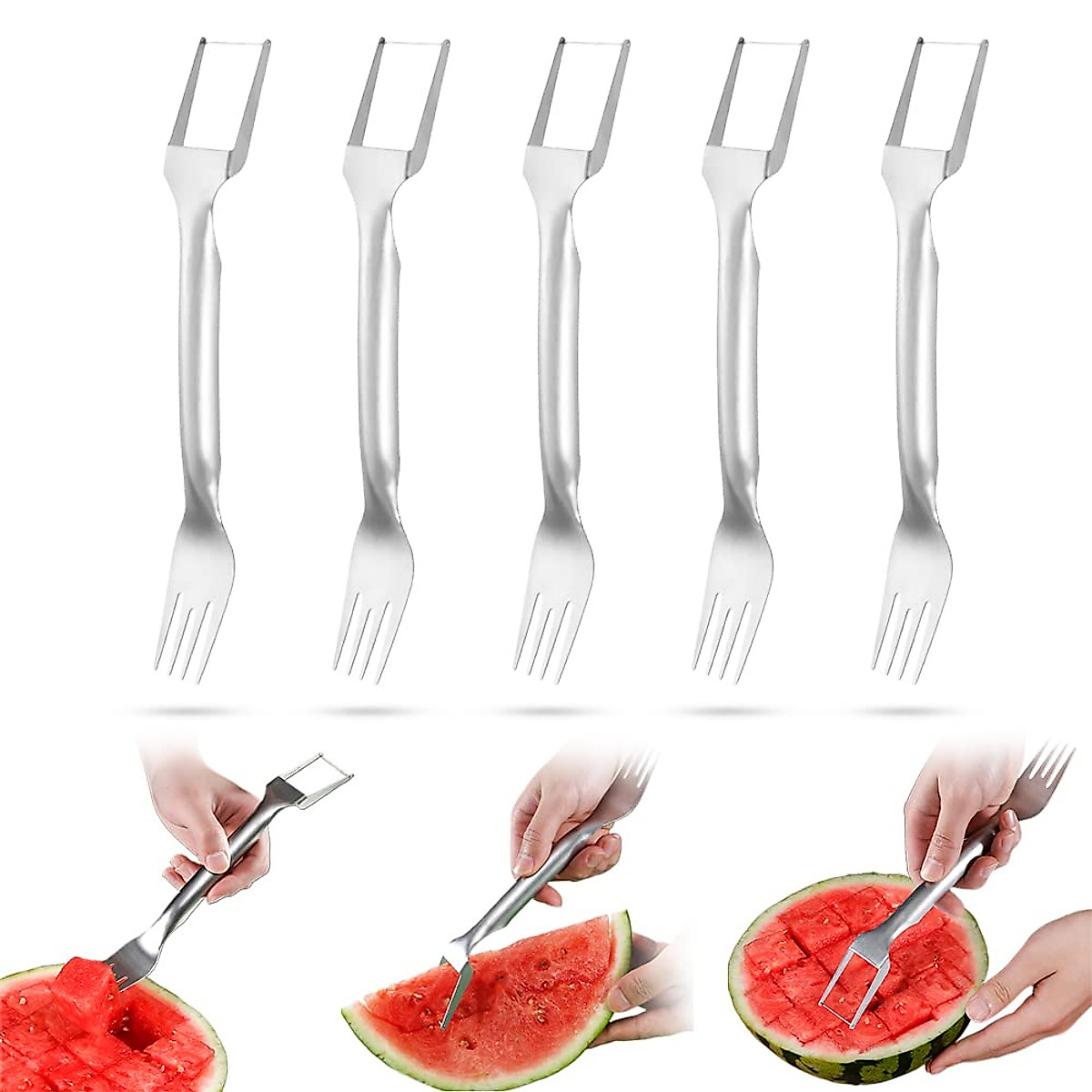 2-in-1 Watermelon Fork Slicer, Stainless Steel Watermelon Slicer Cutter Tool, Fruit Vegetable Slicer Fork Melon Cutter, Fruit Cutting Fork Slicer Kitchen Gadget for Family Parties Camping (5 PCS)