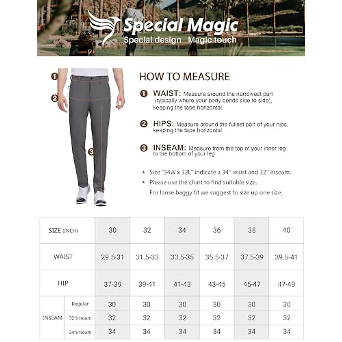 SPECIALMAGIC Golf Pants Men Stretch Slim fit Hiking Pants Lightweight Dress Casual Tapered Zipper Pockets Grey,34-32