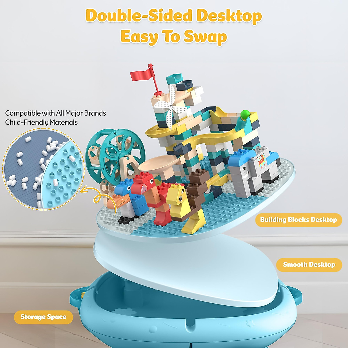 DOREROOM Kids Table and Chair, Kids Multi-Activity Table with Double-Side Tabletop, Toddler Table and Chair Set for Ages Over 1, Block Table with Storage, Toddler Activity Table for Daycare (Blue)