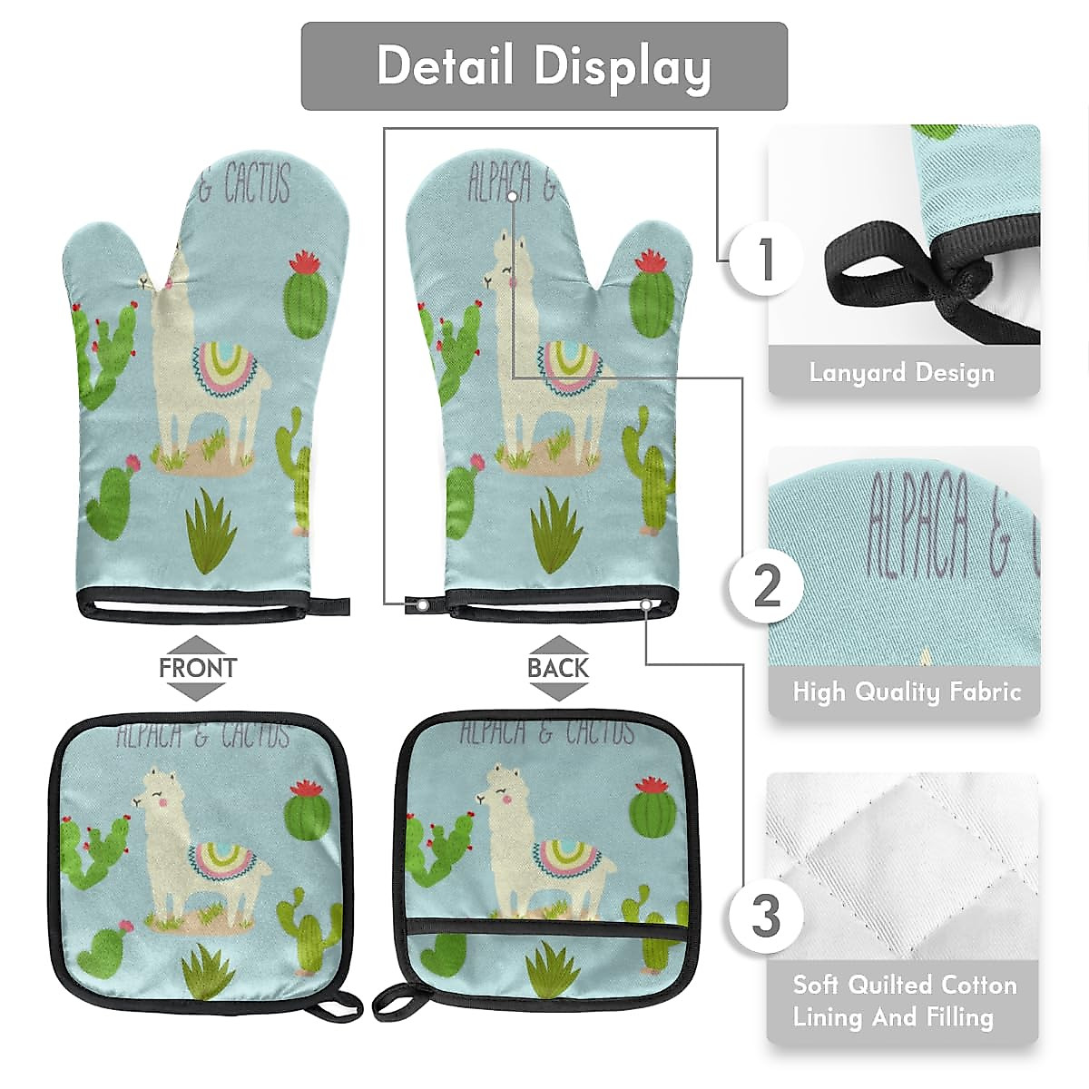 Cute Llama Cactus Oven Mitts and Pot Holders Sets of 2 Heat Resistant Non-Slip Kitchen Gloves Hot Pads with Inner Cotton Layer for Cooking BBQ Baking Grilling