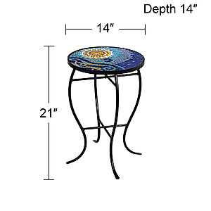 Teal Island Designs Ocean Modern Black Metal Round Outdoor Accent Side Table 14" Wide Blue Mosaic Tile Tabletop Gracefully Curved Legs Front Porch Patio Home House Balcony Deck Shed Yard