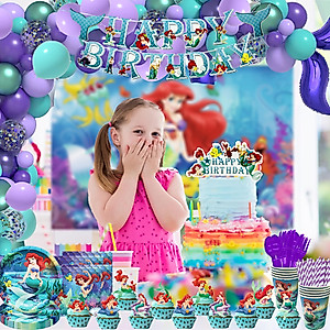 260 PCS Little Mermaid Birthday Party Supplies, Mermaid Birthday Party Decorations, Included Happy Birthday Banner, Cake & Cupcake Topper, Balloons, Invitation Cards,Backdrop, Tableware and Stickers