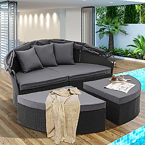 Oakmont Outdoor Patio Furniture Canopy Daybed Round Sofas, 4 Pieces Seating Separates Cushioned Seats, Black Wicker, Lawn Poolside Garden, Grey