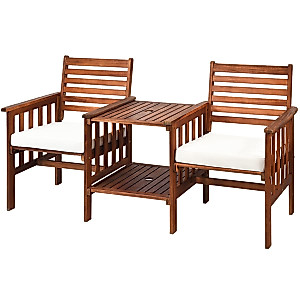 Tangkula Acacia Wood Loveseat, 3pcs Outdoor Table Chairs Set, Patio Conversation Set w/Coffee Table and Soft Cushions, 2.1-inch Umbrella Hole, 2-Seater Furniture Set (White)