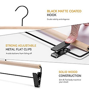 Nature Smile Deluxe Beech Wooden Pants Hangers Bottom Hanger Jeans Hanger Trousers Skirt Hanger with 2-Adjustable Black Matt Clips and Hook 10 Pack (Natural Wood+Black Metal)