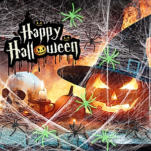 1000 Sqft Spider Webs Halloween Decorations 50 Glow and 50 Black Fake Spiders, Super Stretch Large Spread Cobwebs for Indoor Outdoor Halloween Party Haunted House Spooky Office/Yard Decor Supplies