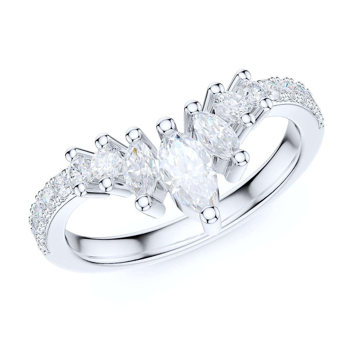 PRSTANI Sterling Silver Slight V Shaped Crown Simulated Marquise & Round Diamond Matching Ring Wedding Band (2.5)